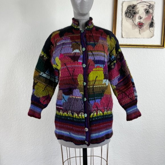 Vintage | Sweaters | Vtg Handmade Knit Crochet Tree Wildlife Peruvian ...